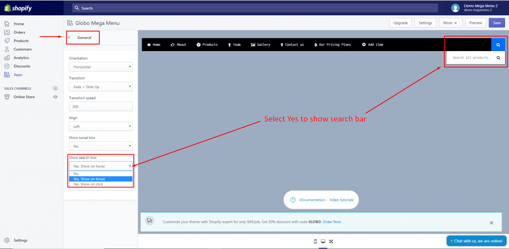 Show search bar in menu
