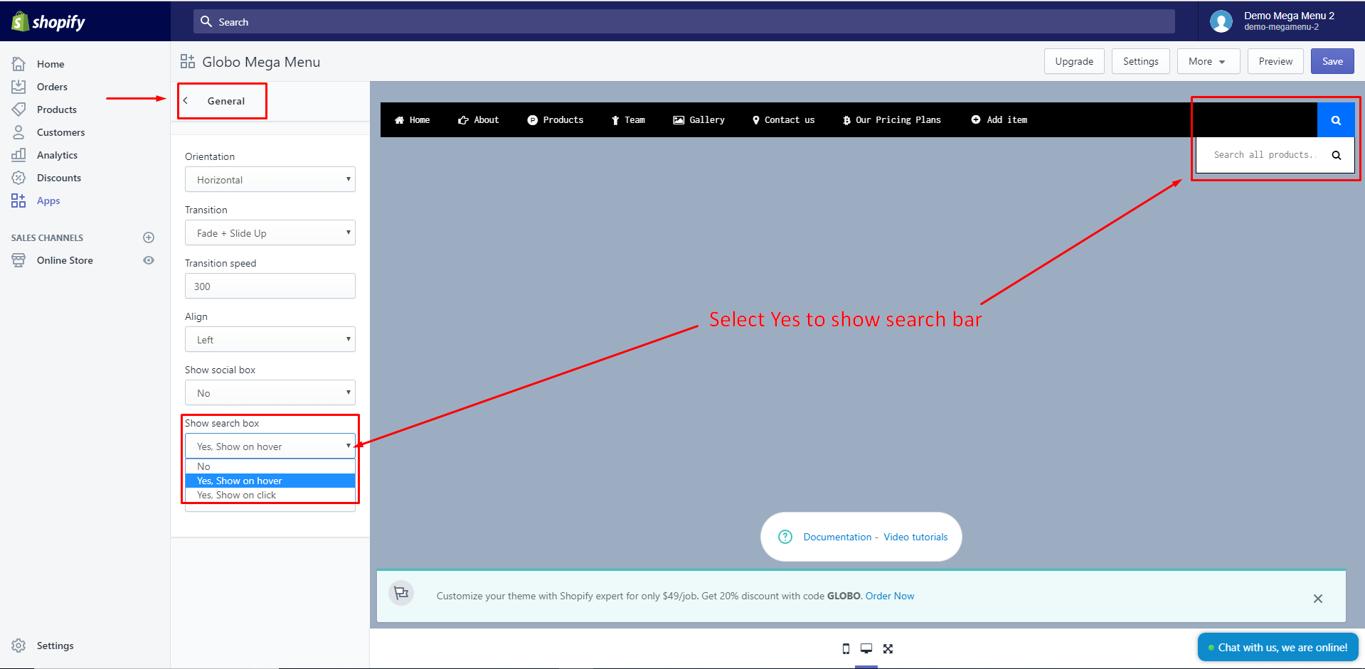 Show search bar in menu
