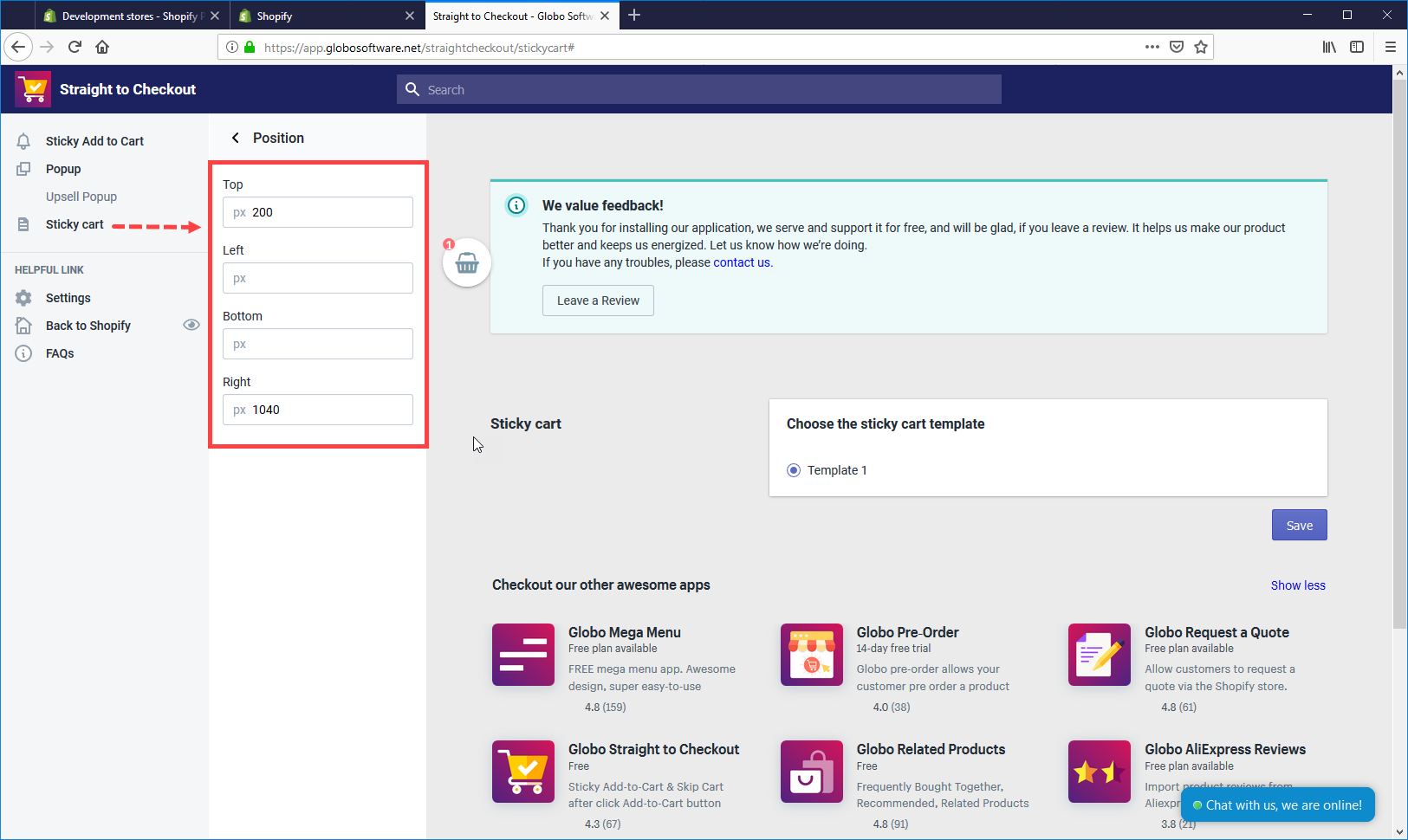 How to change the position of the Sticky Cart?