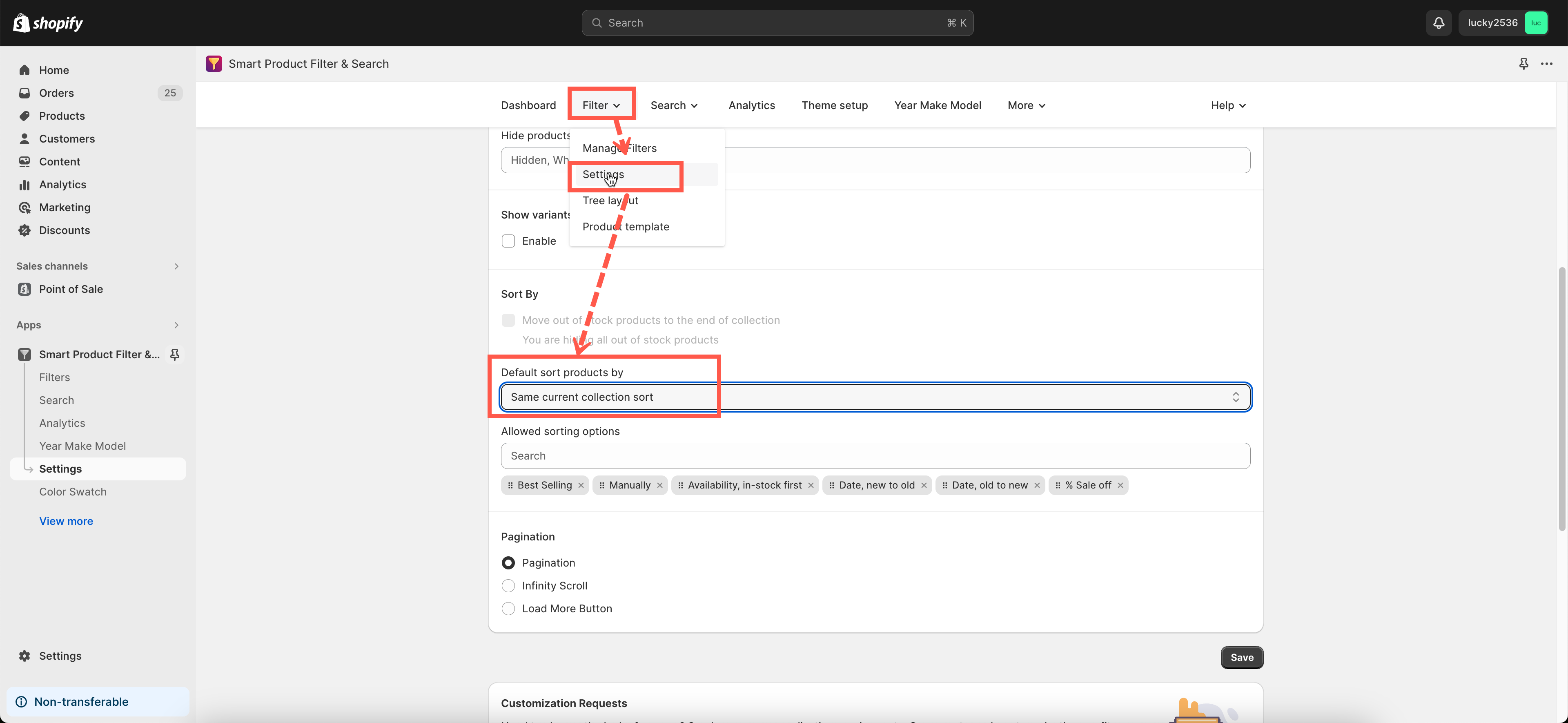 Manage sorting options