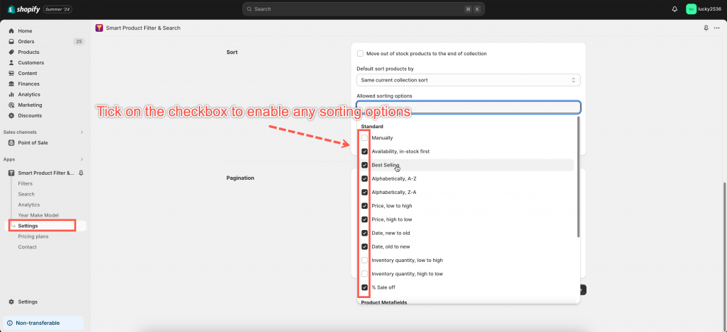 Manage sorting options