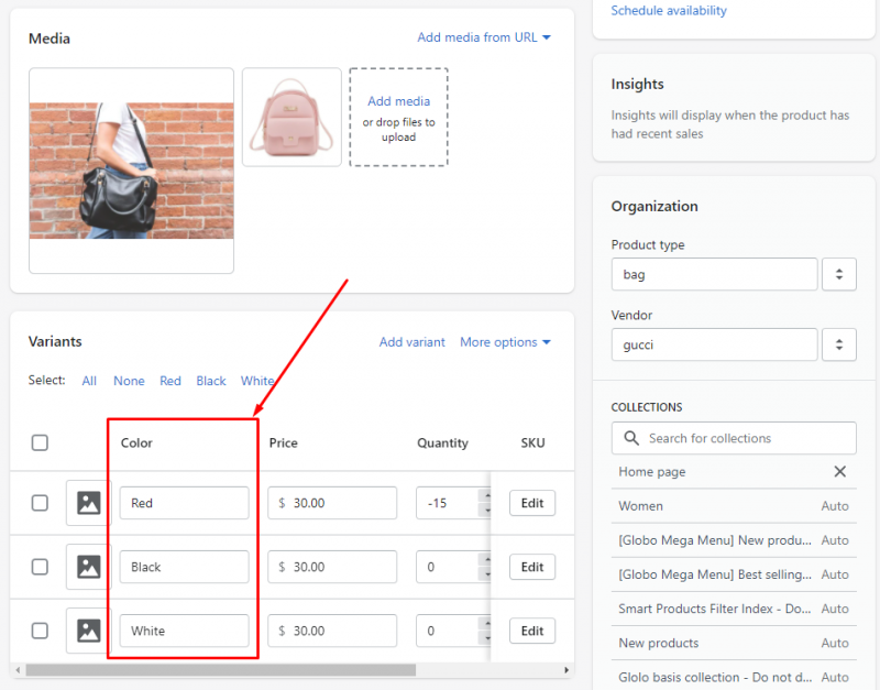 Display variants as color swatches