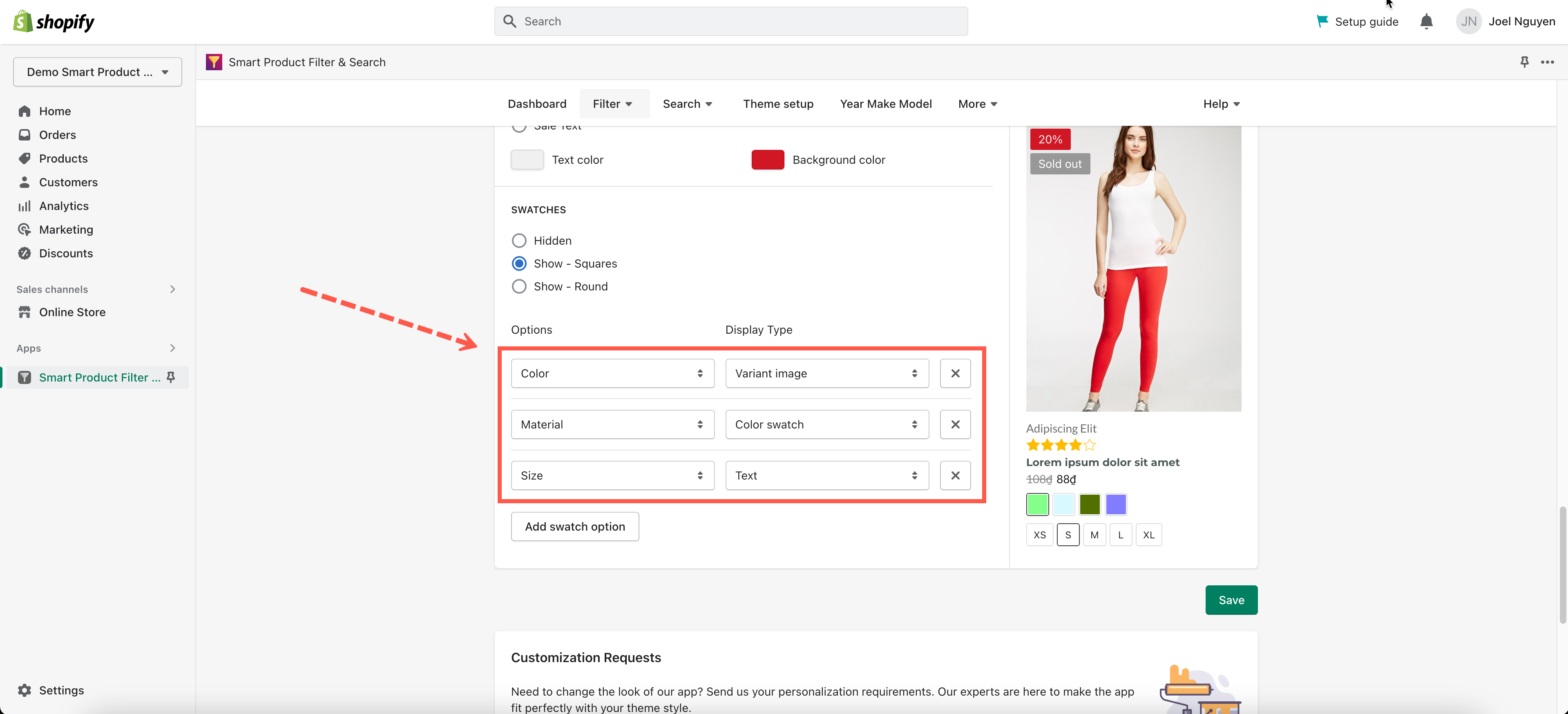 Configure product options showing underneath products