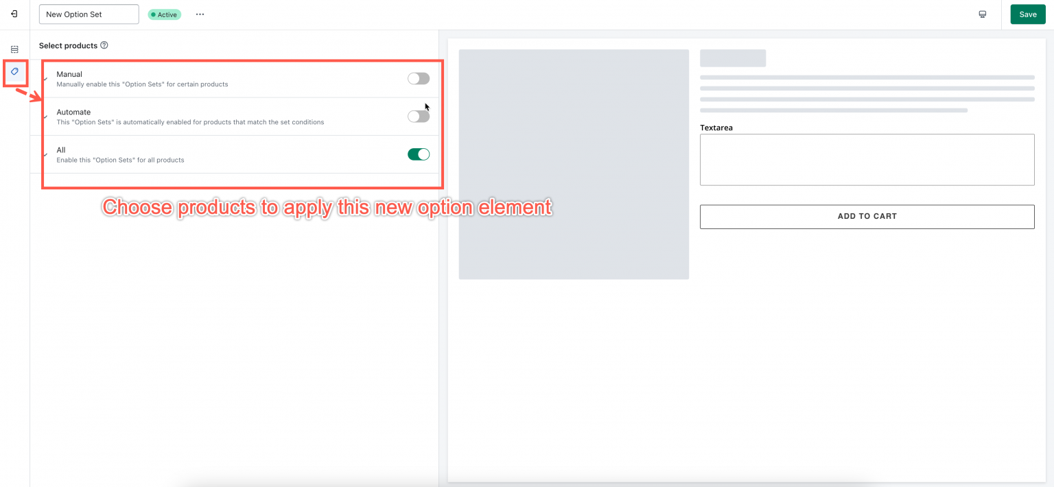 Choose products to apply option set