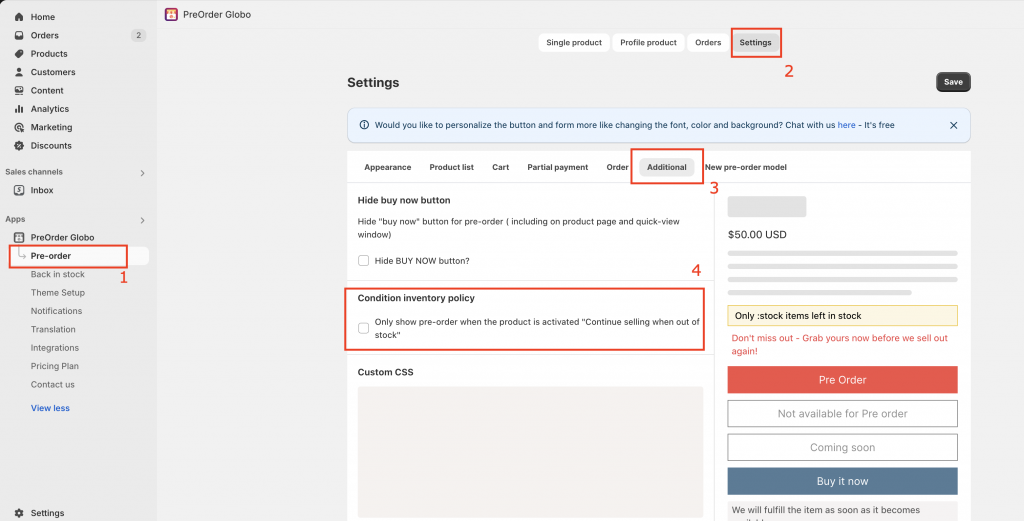 Set up additional condition to show Pre-Order using checkbox 'Continue ...