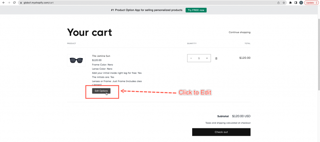Edit option values on cart page