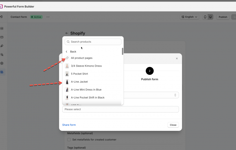 Displaying form on product pages