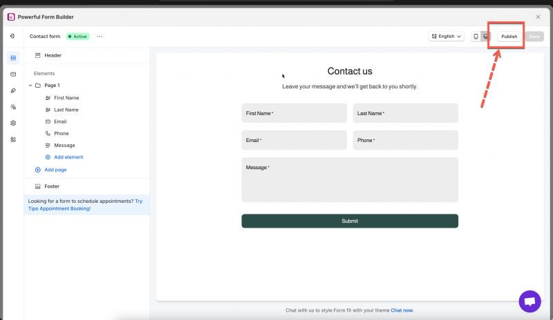 Display a form on a specific page