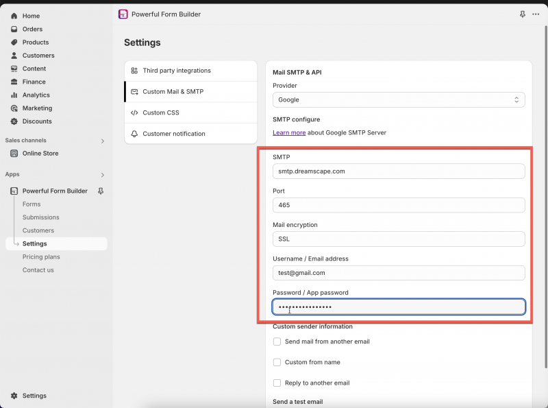 Set up SMTP in Powerful Form Builder app